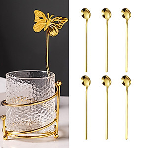 INPROPEXT 6PCS Coffee Spoons with Glass Holder, Small Stainless Steel Gold Round Dessert Spoons, Mini Tea Spoons Set for Fruit, Stirring, Mixing, Sugar, Ice Cream, Cake