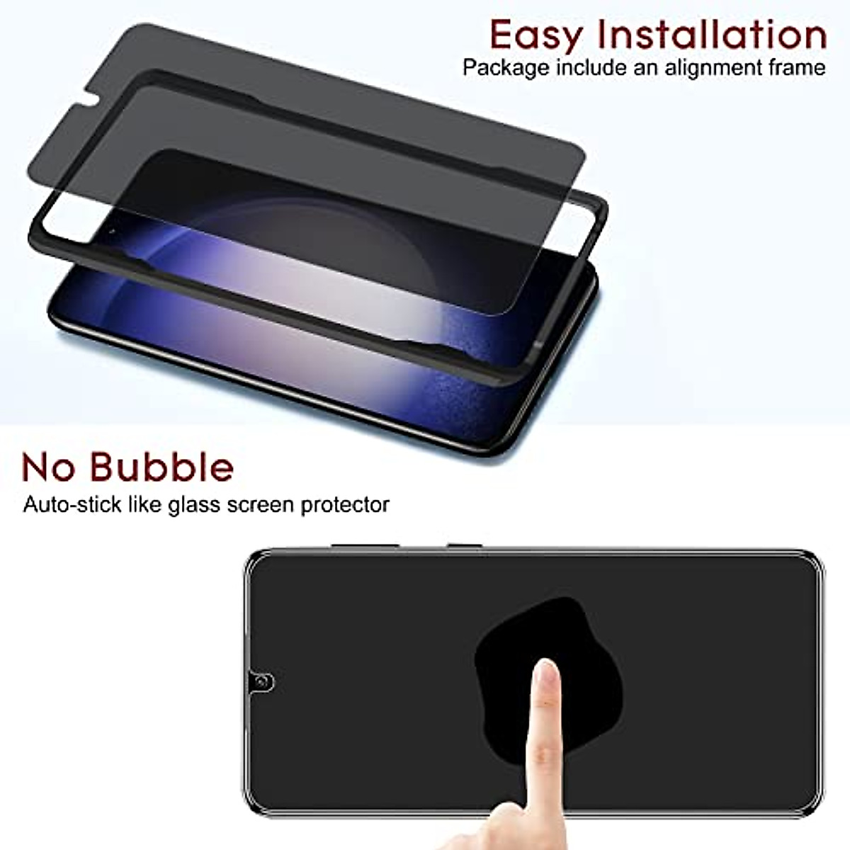 Esanik [2+2 Pack] Privacy Screen Protector for Samsung Galaxy S23+/S23 Plus 5G 6.6-inch [NOT for S23 Ultra/S23 5G] Anti Spy PET Film(NOT Glass) with Easy Installation Frame + Camera Lens Protector Fingerprint ID Compatible
