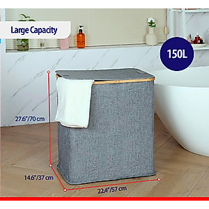 AM The America Store - Double Laundry Hamper with Lid, Divided Laundry Hamper with Removable Bags, 2 Section Dirty Clothes Basket with Handles for Bathroom, Bedroom & Laundry Room, 150L (GREY)