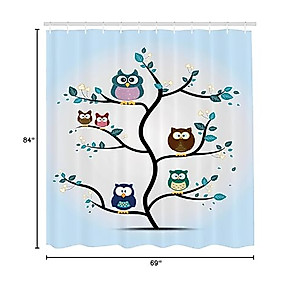 Ambesonne Owl Shower Curtain, Owl Family Perched a Tree Love Grace Nocturnal Eyed Night Animals in The Nature Print, Cloth Fabric Bathroom Decor Set with Hooks, 69" W x 84" L, Multicolor