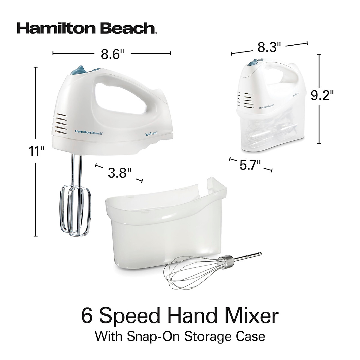 Hamilton Beach 6-Speed Electric Hand Mixer with Whisk, Traditional Beaters, Snap-On Storage Case, White