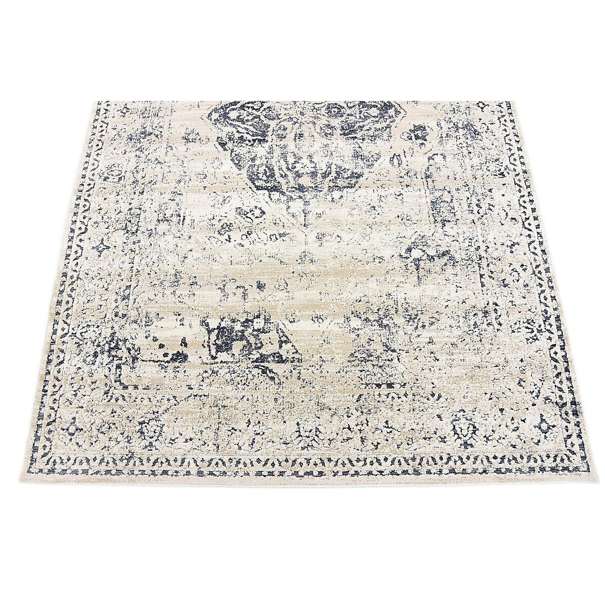 Unique Loom Chateau Collection High-Low Pile, Vintage, Traditional, Distressed, Medallion Area Rug (5' 0 x 8' 0 Rectangular, Beige/Navy Blue)