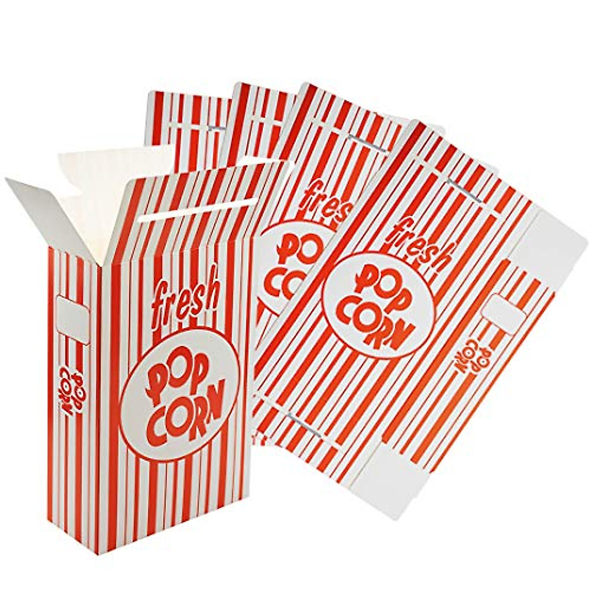 Fasmov 100 Pack Paper Popcorn Boxes, 6" L x 2 1/2" W x 8 1/2"H Close Top Movie Theater Popcorn Boxes, Popcorn Containers for Movie Party and Theater Night (Red and White Stripes)