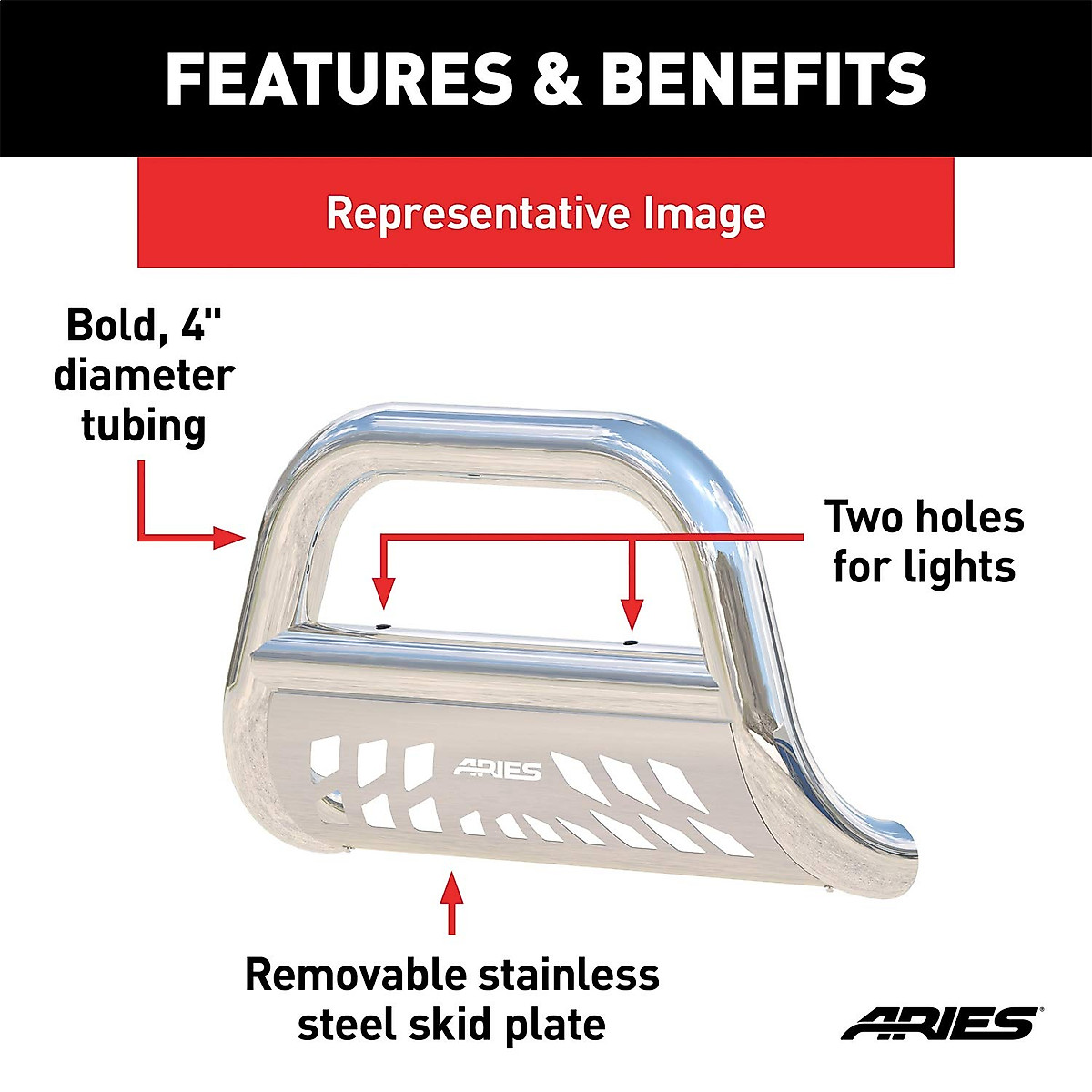 ARIES 45-2004 Big Horn 4-Inch Polished Stainless Steel Bull Bar, Select Toyota Sequoia, Tundra