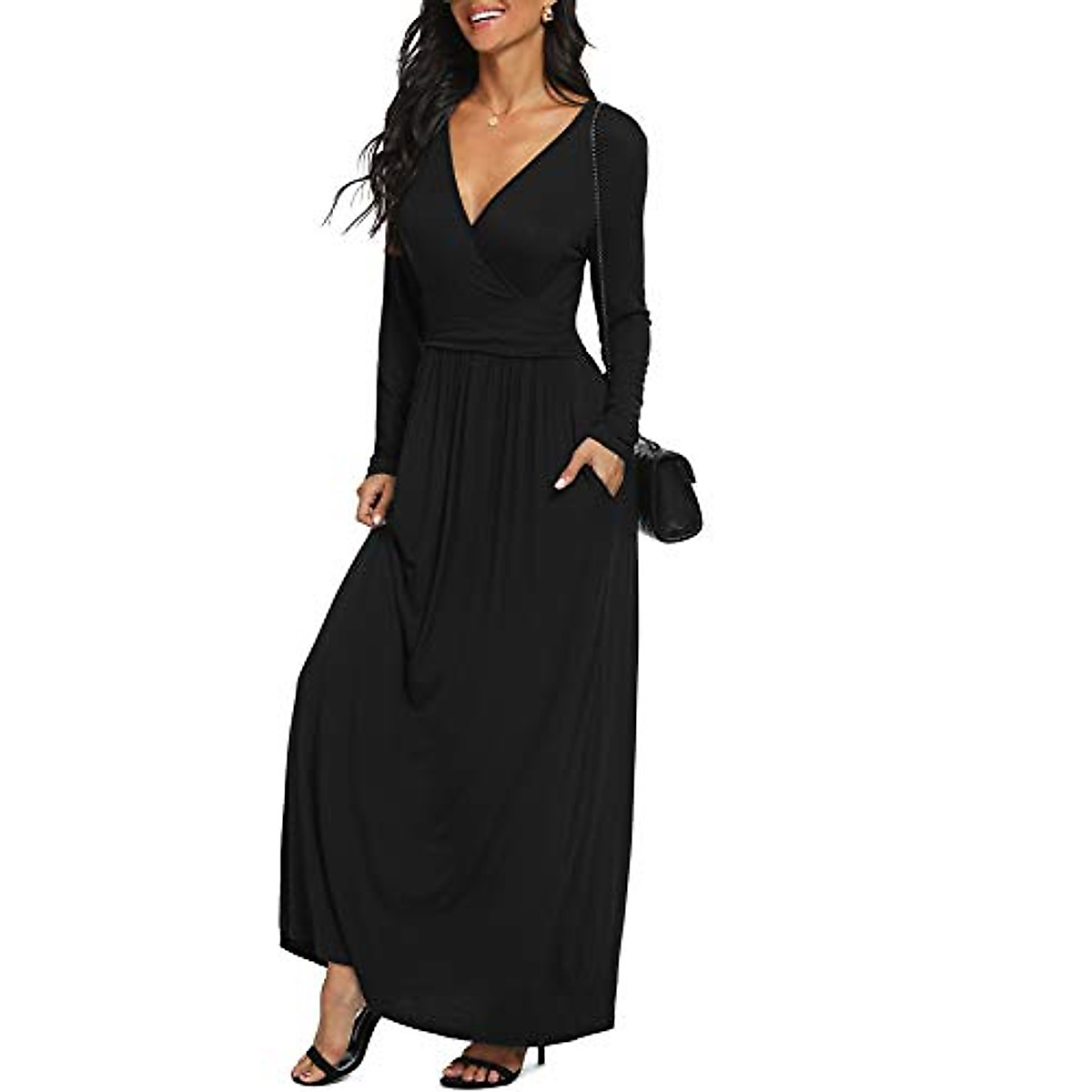 LILBETTER Womens Long Sleeve V-Neck Wrap Waist Maxi Dress(Black XX-Large)