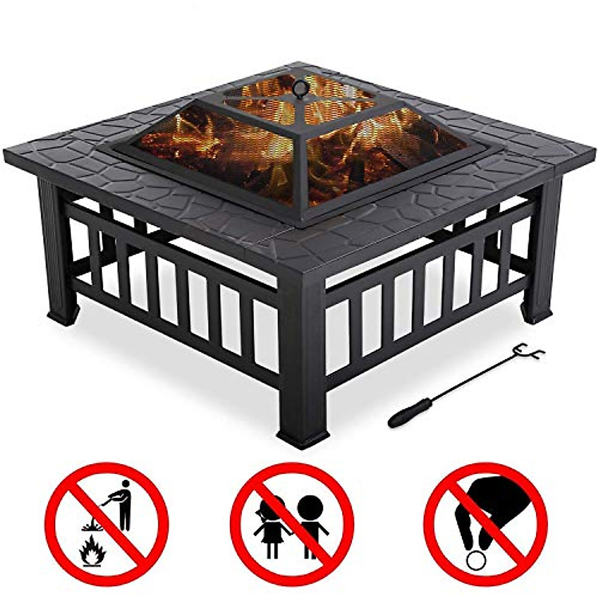 Outdoor Metal Square Fire Pit, 32" Metal firepit for Patio Wood Burning Fireplace Square Garden Stove with Charcoal Rack, Poker & Mesh Cover for Camping Picnic Bonfire Backyard