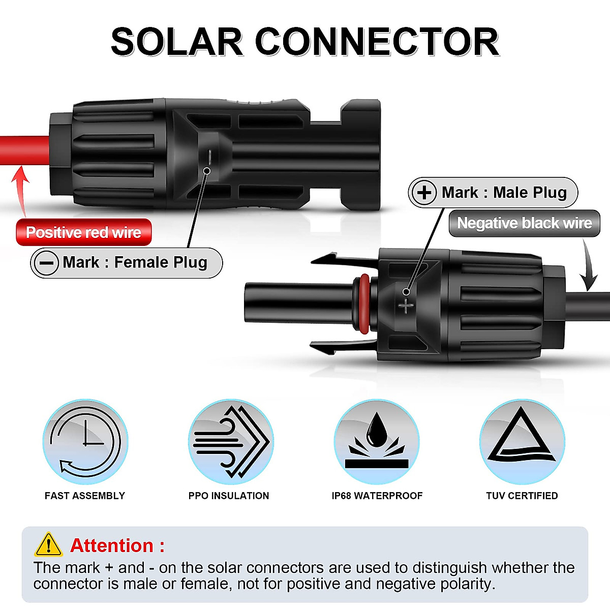 iGreely Solar Panel Extension Cable - 10 Feet 10AWG(6mm²) Solar Extension Cable with Female and Male Connector Solar Panel Wiring Wire Adapter (10FT Red + 10FT Black)