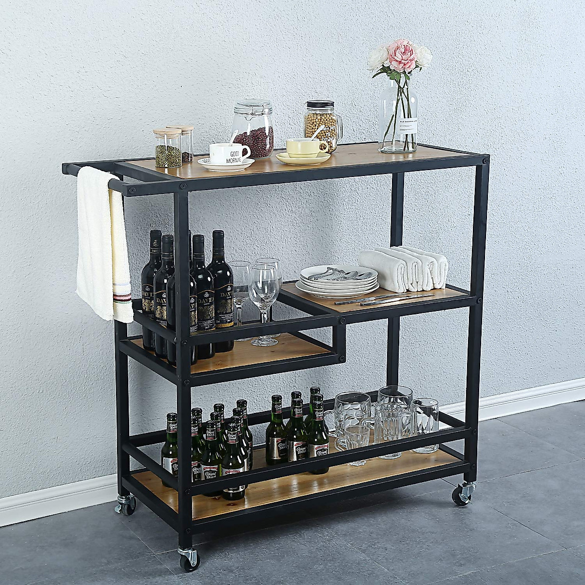 Bar and Serving Cart Industrial & Modern Rustic Rolling Bar and Serving Cart,3-Tiered Wood & Metal Kitchen Bar Cart Island with Wheels,Move Storage Coffee/Wine Island Shelf,Black