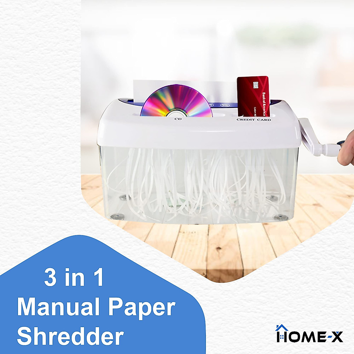 HOME-X 3-in-1 Hand Crank Paper Document Shredder for A4 Paper, Credit Cards, CDs-Manual Shredder Documents Paper Cutting Tool Home Office Desktop Stationery