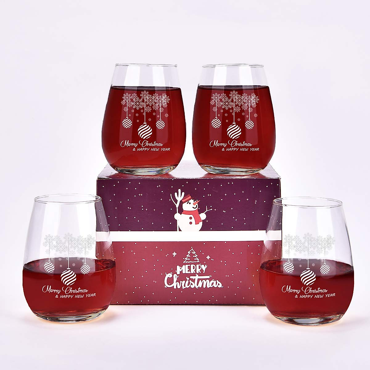 Merry Christmas Stemless Wine Glass Set for Women Friends, Christmas Idea for Mom Wife Girlfriend Sister Wedding Birthday Party, Set of 4