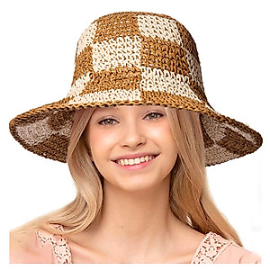 Sun Hats Checkerboard Straw Bucket Hat for Women Packable Crochet Wide Brim Floppy Beach Hats Traveling Summer Accessories (Beige)