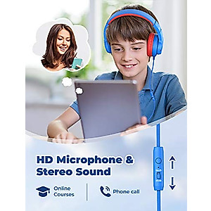 iClever Kids Headphones for School Travel, Safe Volume 85/94dB, HD Mic Stereo Sound Over-Ear Girls Boys Headphones for Kid, FunShare Foldable 3.5mm Wired Kids Headphones for iPad Computer, HS19 Blue