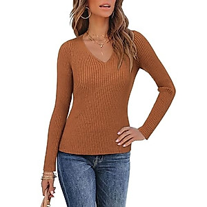ONLYSHE Women's Long Sleeve Knit Shirts Fall V Neck Pullover Basic Tops Slim Fitted Ribbed Sweaters Fashion Clothes,Caramel L