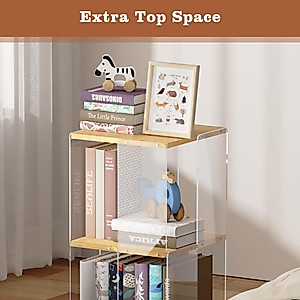 tonchean Rotating Bookshelf, 2-Tier Acrylic Bookcase Clear Floor Standing Display Case Bamboo Book Display Shelf for Classroom Playroom Bedroom Living Room