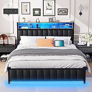 Alohappy Queen Bed Frame with Bookcase Headboard and LED Light,Upholstered Platform LED Bed Frame with Charging Station,Type-C & USB Ports,No Box Spring Needed,Easy Assembly and Noise Free