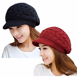 YSense 2 Pack Womens Winter Hats Warm Knit Hat Slouchy Beanie Cap with Brim Gifts