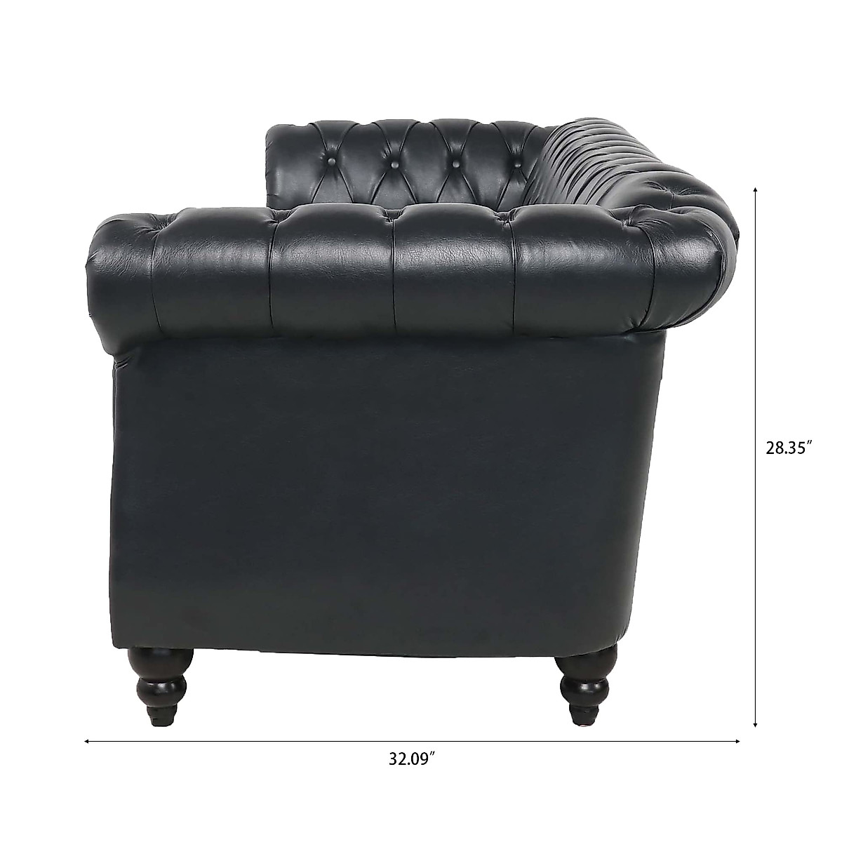EMKK 84 inch Leather 3-Seater Sofa Couch,Rolled Arm Chesterfield Three Seater Sofá for Small Spaces, Bedroom, Living Room,Black