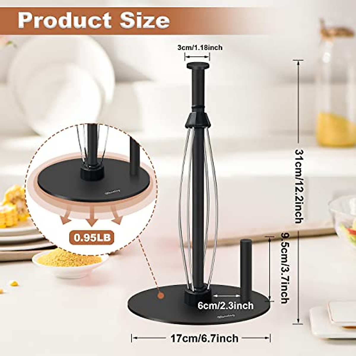 WACETOG Black Paper Towel Holder Countertop, Paper Towel Dispenser Standing Weighted Base Non Slip, Kitchen Towel Holder with Ratchet System for One Hand Tear