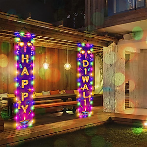 Diwali Door Hanging Banner Lighted Decorations Festival of Light Porch Sign with LED Light Deepavali Celebration Banner Party Indoor Outdoor Wall Decor