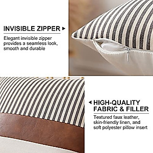 Mecatny Boho Throw Pillows 18x18 Set of 2 - Farmhouse Decorative Throw Pillows with Inserts Included - Brown Faux Leather Modern Stripe Patchwork Linen Accent Throw Pillows for Couch Bed Sofa, Grey
