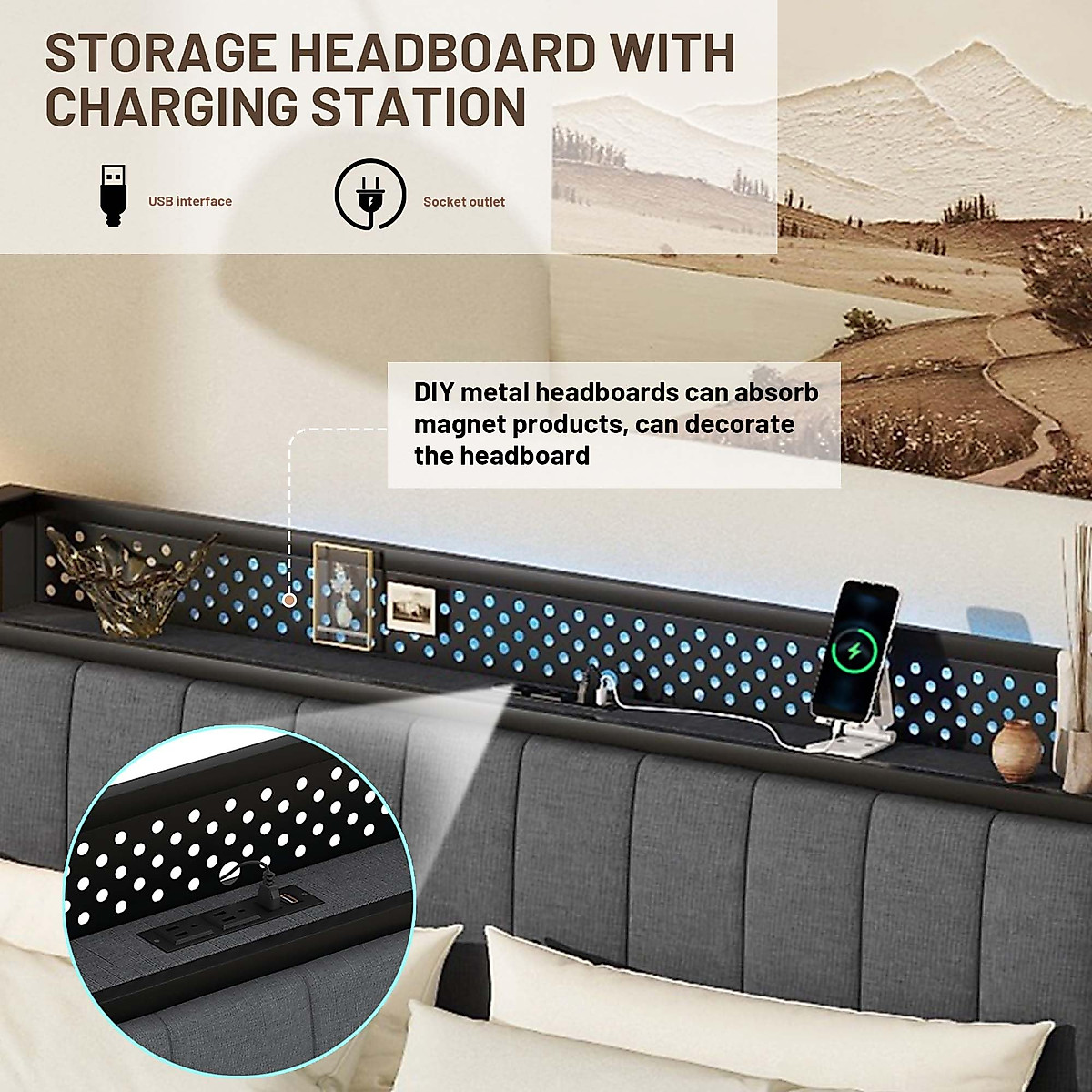 Queen Bed Frame with 4 storage drawers and LED light, LED Bed Frame Queen Size with Shelf Storage Headboard, Upholstered Platform Bed with LED Lights, Solid Wood Slats, Stable Structure (Dark Grey)