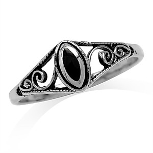 Silvershake Petite Created Black Onyx Inlay 925 Sterling Silver Filigree Swirl and Spiral Style Ring Size 6