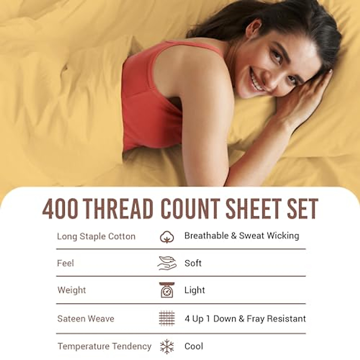 Pizuna Pure 100% Cotton Queen Bed Sheets Set Golden Yellow, Luxurious 400 Thread Count Long Staple Cotton Sateen Sheets with 15" Deep Pocket (Combed Cotton Queen Sheet Set - 4PC)