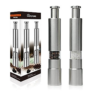 [Set of 2] Premium Stainless Steel Salt Grinder & Pepper Mill Set for Peppercorns Sea Salt Himalayan Salt and Spices, Thumb Push Button for 1 Hand Operation