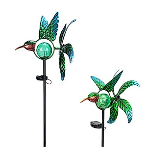 Hummingbird Solar Wind Spinner Outdoor - Solar Garden Stake Lights Cracked Glass Ball Waterproof Outdoor Hummingbird Decor Pathway Lights for Garden Patio Lawn (1 Pack)