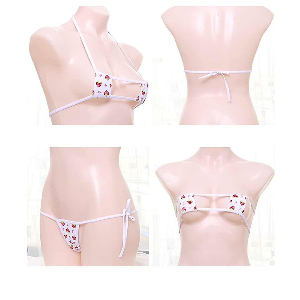 SINGUYUN Sexy Strawberry Lingerie Micro Bikini Japanese Anime Cosplay Swimsuit Thong Pajama Set (316White Red)
