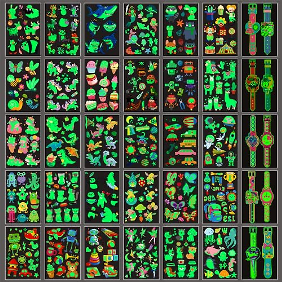 JCFIRE 35 Sheets Luminous Temporary Tattoo Kids, Mixed Styles Glow in Dark Party Favors, Kids Tattoos Stickers for Boys and Girls, Dinosaur Pirate Mermaid Animals Party Supplies Gifts for Children