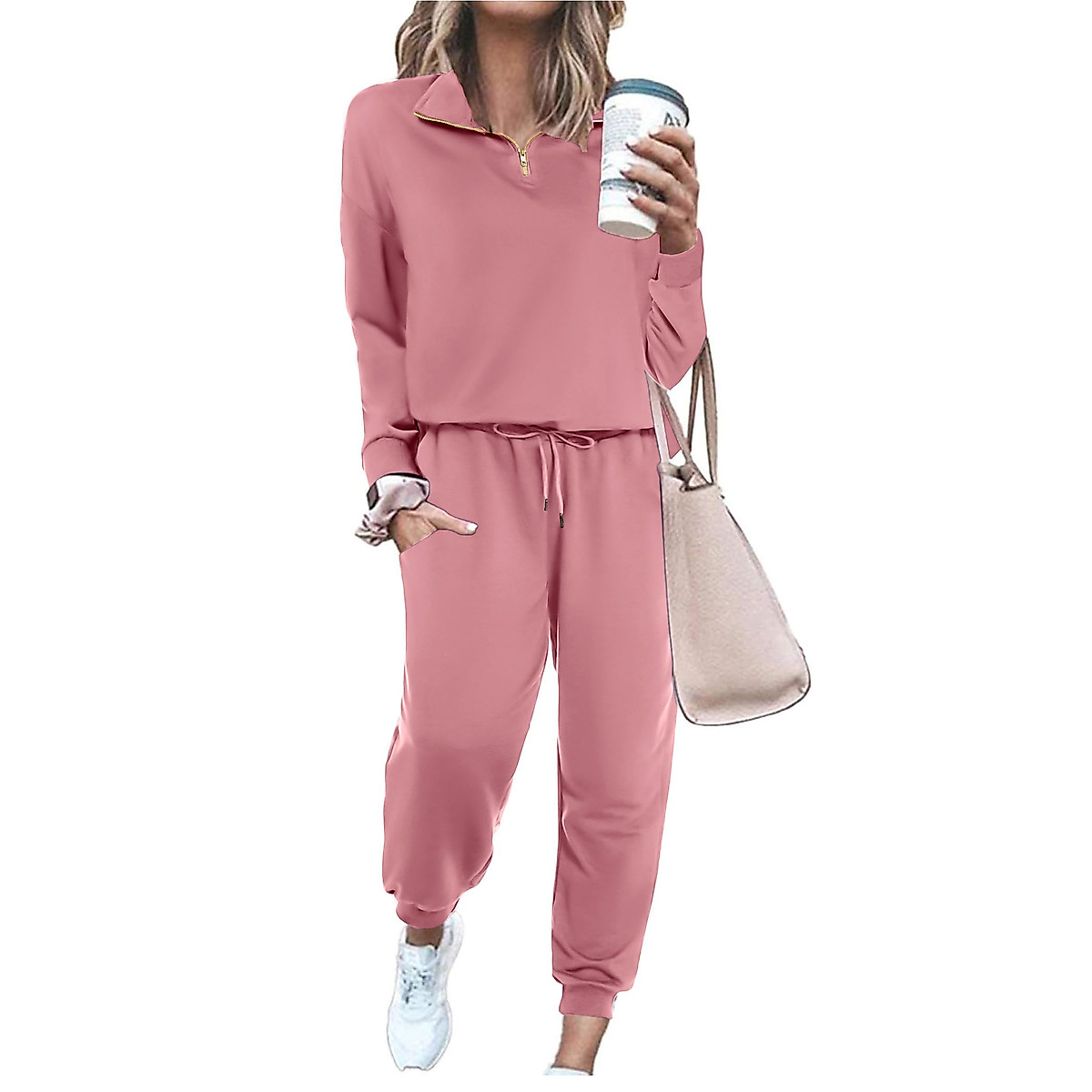 ELESOL Womens Tracksuit Long Sleeve Jogger Sets Zip Pullover Cotton Top and Drawstring Long Pants Set 2 Pieces Outfit