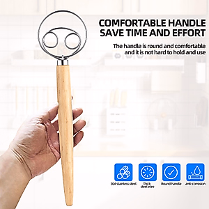13-Inch Danish Dough Whisk - Wooden Danish Whisk for Dough with Stainless Steel Dough Hook - Traditional Dutch Whisk - Bread Whisk for Sourdough, Pizza, Pastry, Cake Batter (Rubberwood，Silver, 1)
