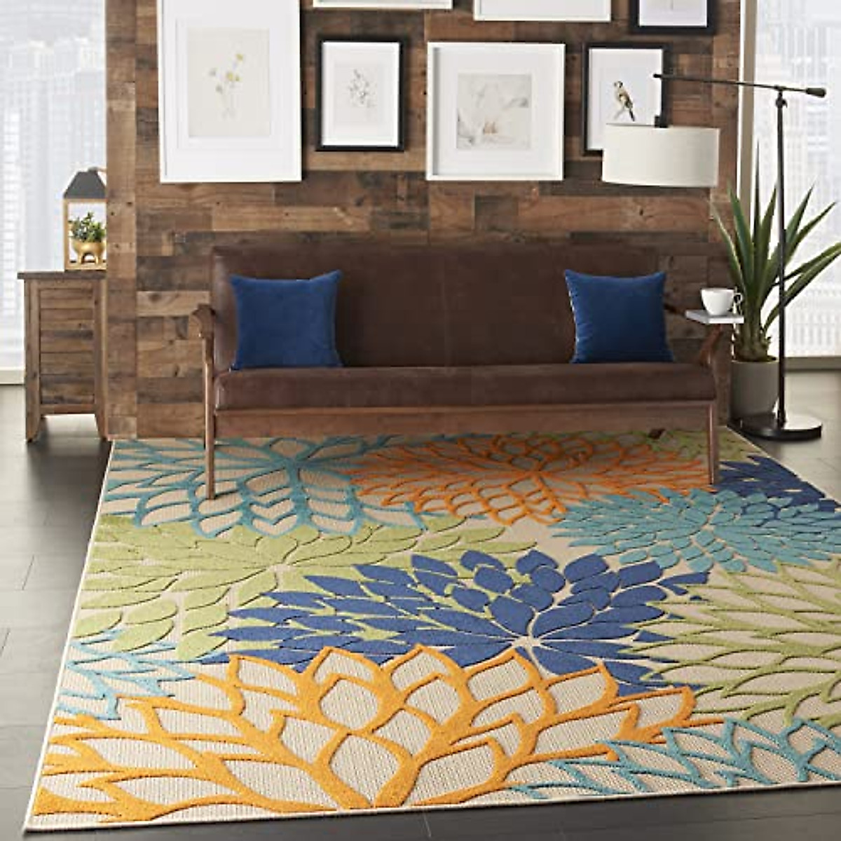 Nourison Aloha Indoor/Outdoor Multicolor 7'10" x 10'6" Area-Rug, Tropical, Botanical, Easy-Cleaning, Non Shedding, Bed Room, Living Room, Dining Room, Deck, Backyard, Patio (8x10)