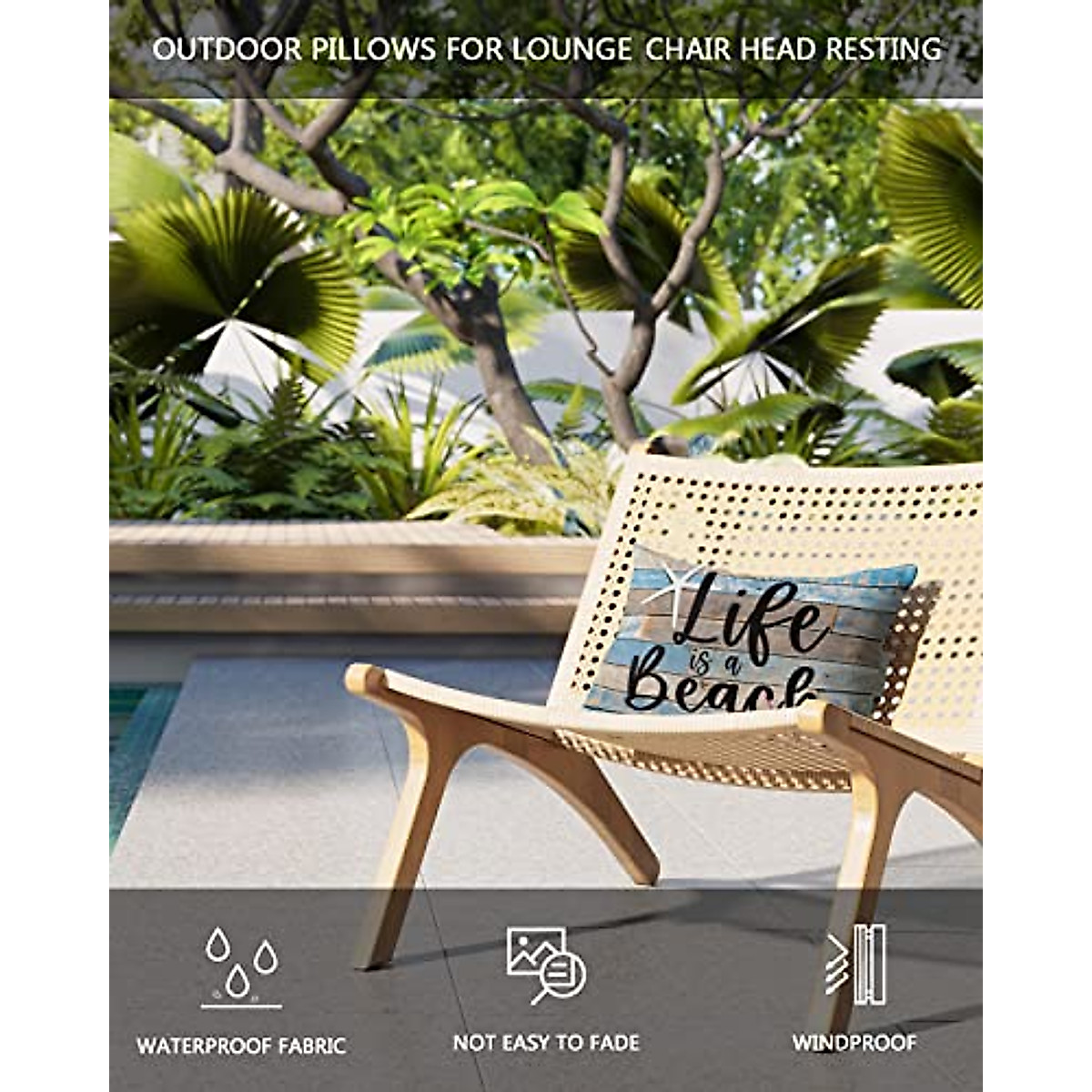 Recliner Head Pillow Ledge Loungers Chair Pillows with Insert Wooden Board Quotes - Life is Better at The Beach Lumbar Pillow with Adjustable Strap Patio Garden Cushion for Sofa Bench Couch, 2 PCS