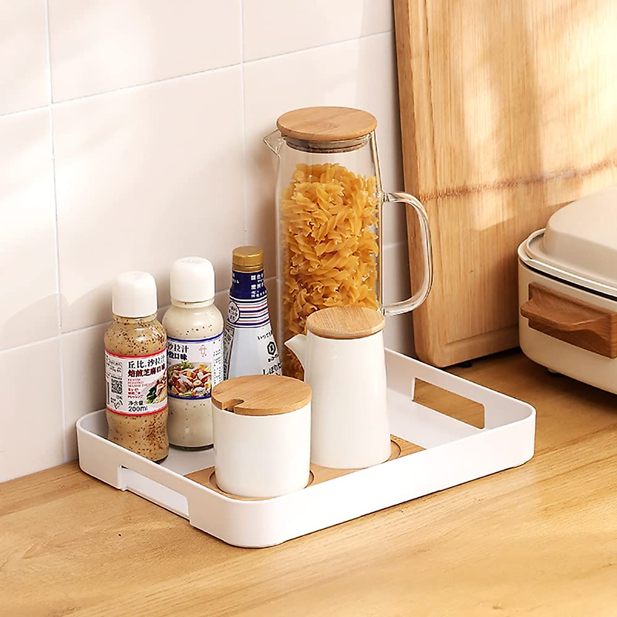 Alacati, White Serving Tray with Handles for Multipurpose, Stackable Rectangle Plastic Serving Platter Ottoman Coffee Table Tray, Decorative Tray for Kitchen Counter Bathroom Vanity Organizing -（L）