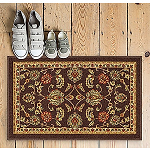 Well Woven Non-Slip Rubber Back 18" x 31" Doormat Rug Timeless Oriental Brown Traditional Classic Sarouk Thin Pile Machine Washable Indoor Outdoor Kitchen Hallway Entry