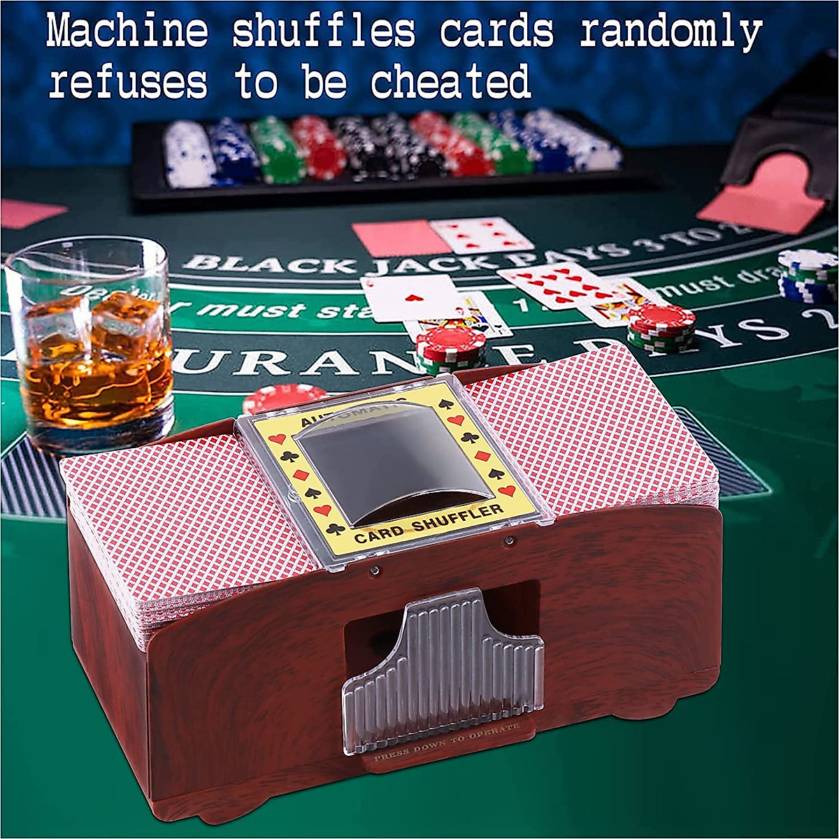 HJCMikee 1 to 2 Deck Automatic Card Shuffler Luxury Wood Grain Professional Casino Poker Cards Shuffle Machine Playing Blackjack Game Battery Operated Or USB Electric Equipment