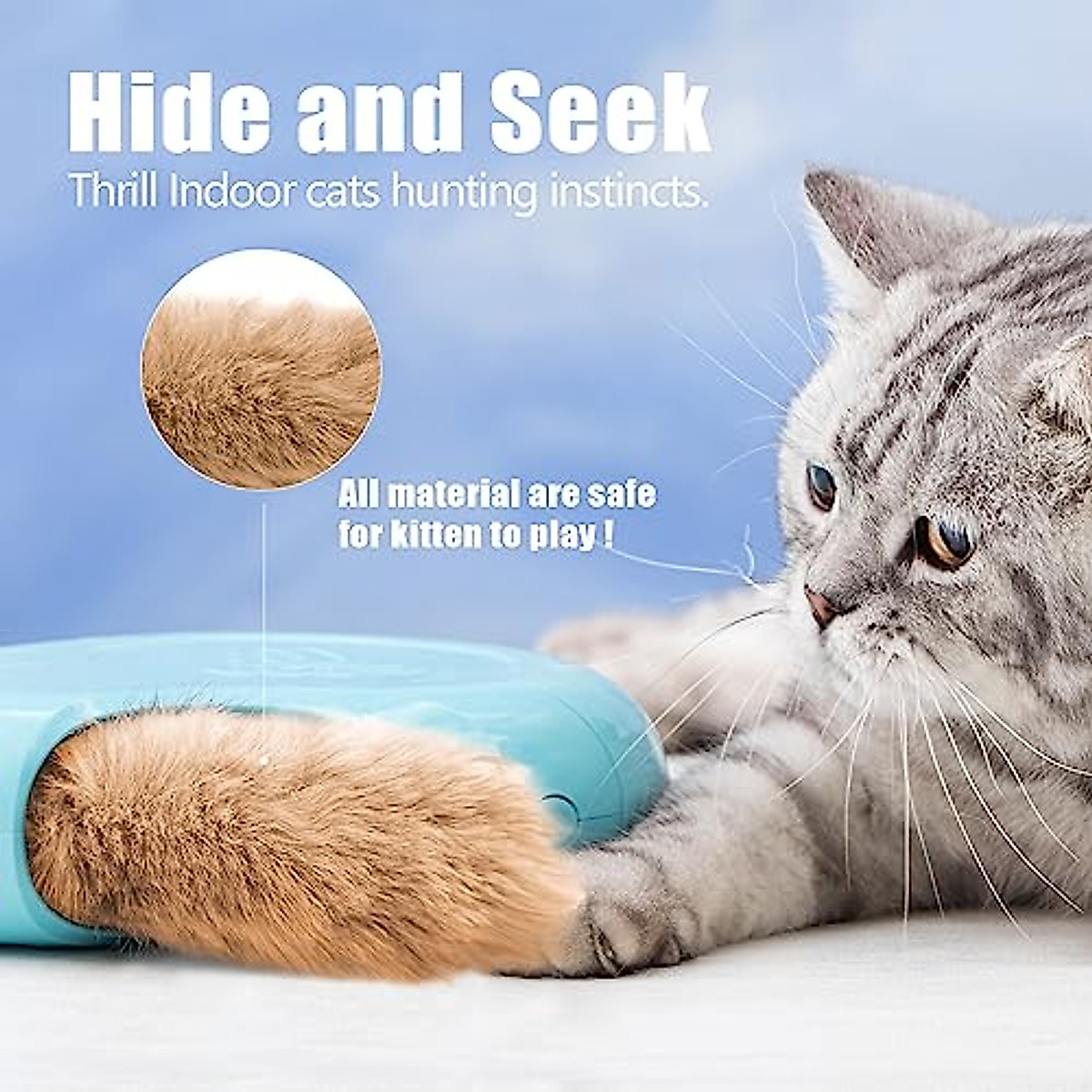 Migipaws Cat Toys Interactive Fluffy Ball Squeak Hide and Seek in a Mice Hole Smart Kitten Teaser Automatic Timer On Off Plush Fur Tail Refill