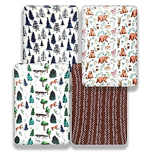 4 Pack N Play Sheets Woodland Forest Animals Wood Neutral Unisex Fitted Baby N Play Sheets Fitted for Standard Pack and Plays and Mini Cribs Set for Baby Boys or Girls
