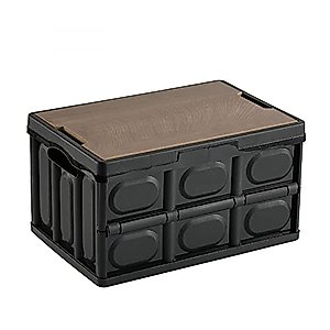 Outdoor Camping Storage Box Folding Box Camping Sorting Box car Trunk Storage Box Wooden Cover Clothes Storage Box-Black Wooden Cover||55L(52 * 36 * 29.5cm)