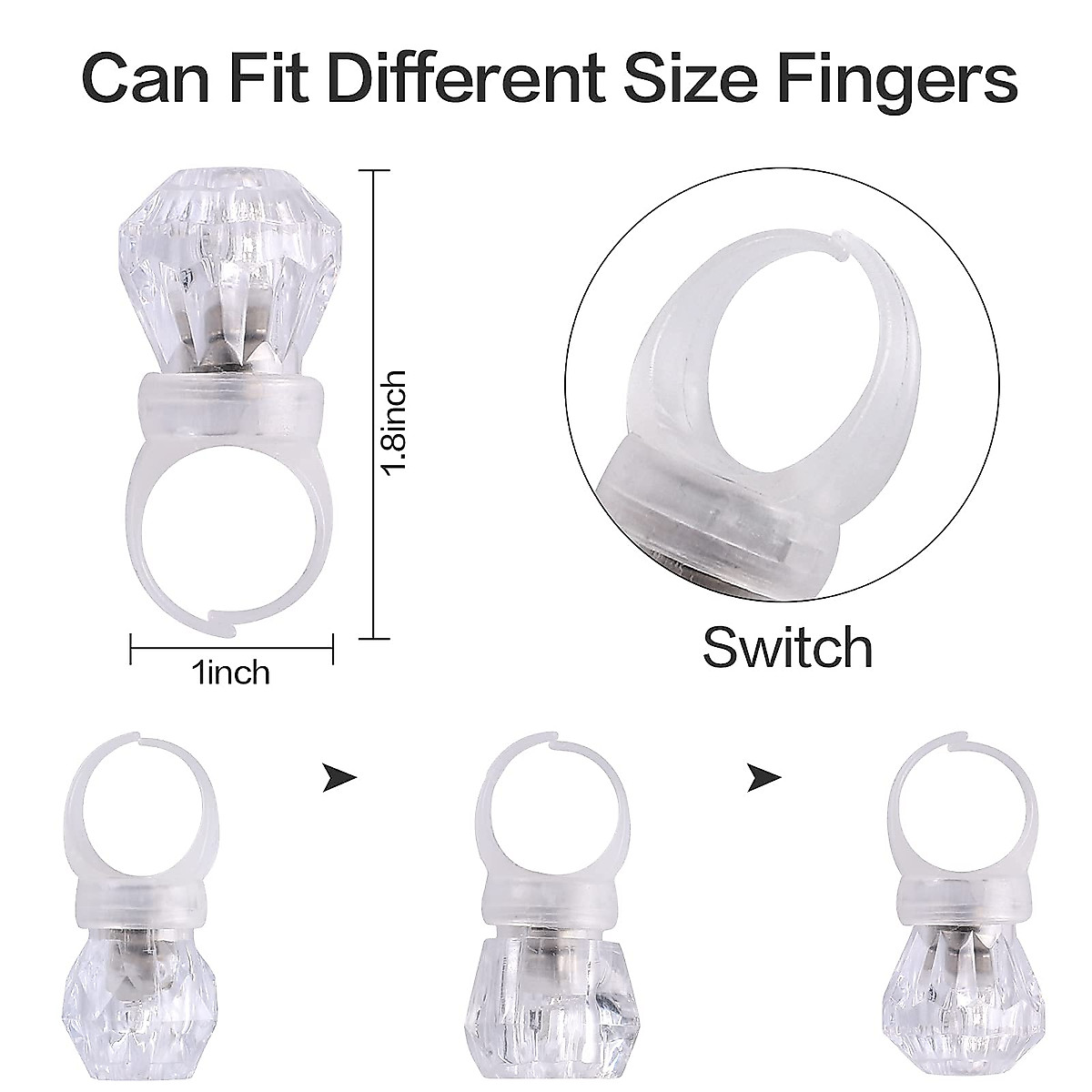 DAOKEY LED Light up Rings, Colorful Led Bumpy Plastic Diamond Rings Toys for Birthday Bachelorette Bridal Shower Gatsby Party Favors, Clear Case 30 Pack