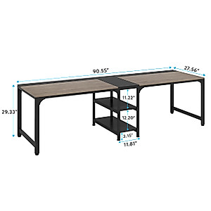 Tribesigns 90.55'' 2 Person Desk with Storage Shelves, Double Computer Desk with Spacious Desktop, Extra Long Study Writing Table Workstation for Home Office (Black & Gray)