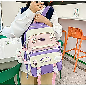 TUDERE Kawaii backpack set of 5 pieces aesthetic backpack for school teenage girls' daily necessities with charm and pins, pencil case, tote bag, small bag.