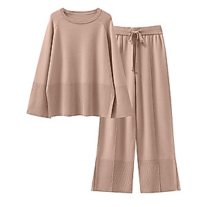 ANRABESS Womens 2 Piece Outfits Oversized Knit Sweater Set Wide Leg Pant Cozy Lounge Matching Pajama Sets 2024 Trendy Clothes Deep Apricot X-large