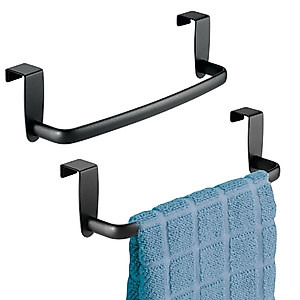 mDesign Steel Metal Wire Over Cabinet Towel Rack Storage Organizer - Hang on Cabinet or Door - Towel Bar Holder for Kitchen - Holds Hand Towels, Washcloths - Spira Collection, 2 Pack, Matte Black