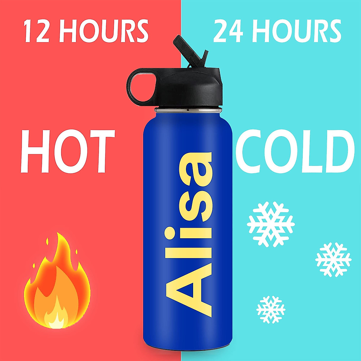 Personalized Kids Water Bottle for School, 18 oz Custom Name Insulated Water Bottles With Straw, Stainless Steel Reusable Waterbottle Gifts for Girls Boys Men Women - Color Clash