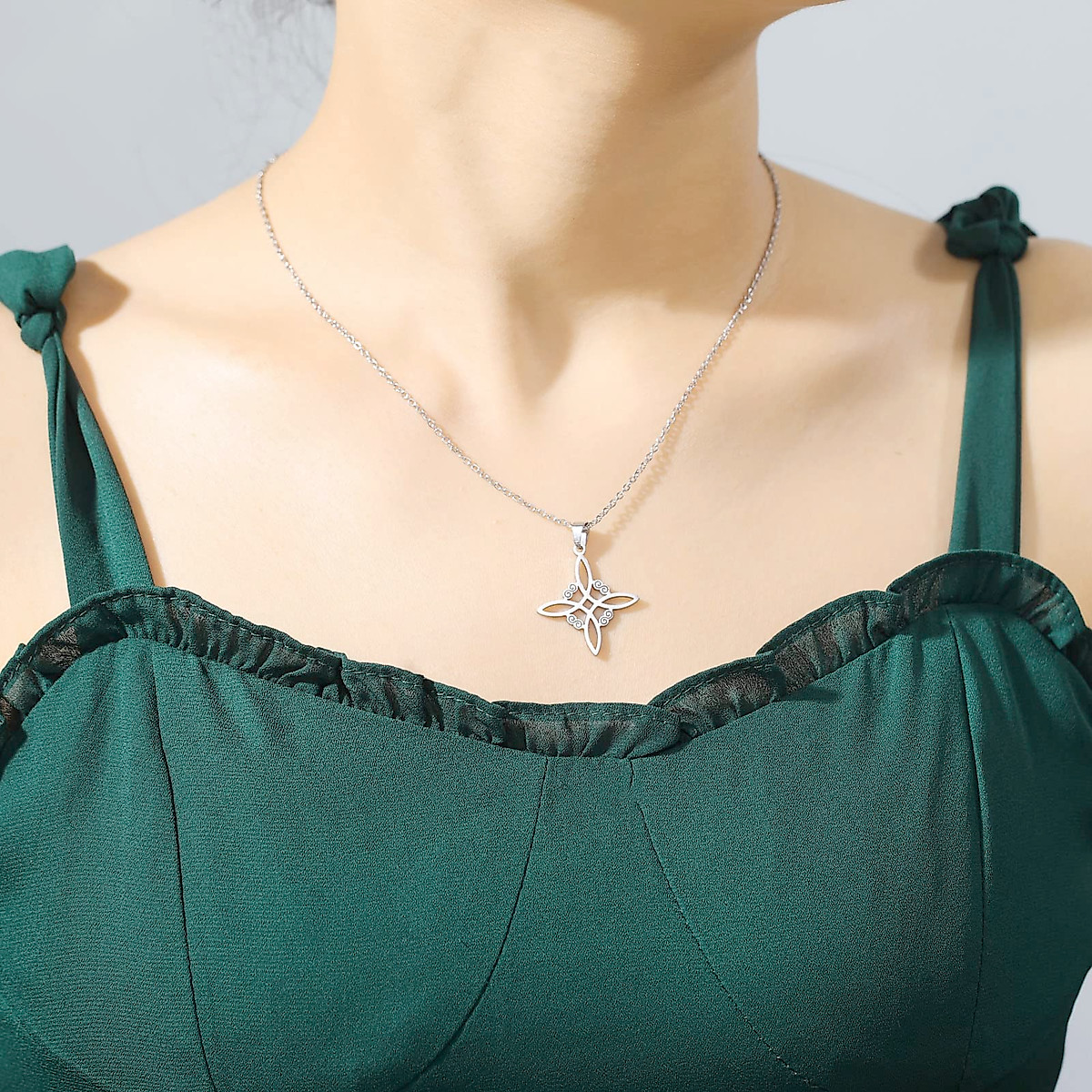 kkjoy Witches Knot Necklace Stainless Steel Magic Knot Pagan Wiccan Symbol Pendant 4-Pointed Celtic Knot Witchcraft Necklace for Women