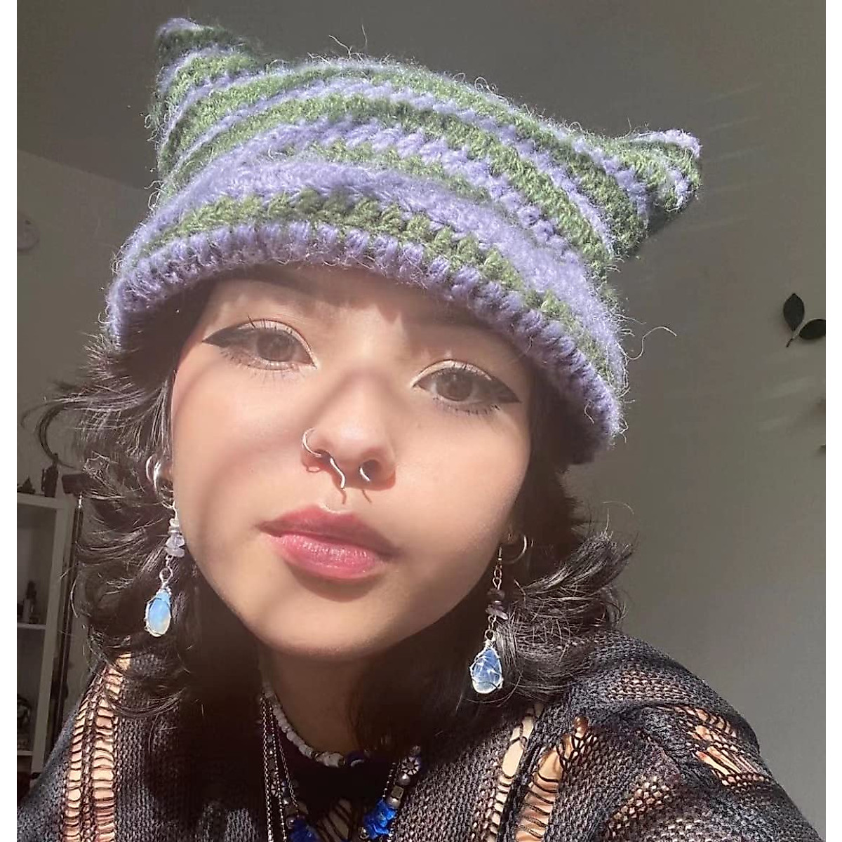 Y2K Gothic Knitted Cat Ear Little Devil Hat Women Kawaii Winter Handmade Beanie Female Caps (Brown,One Size)