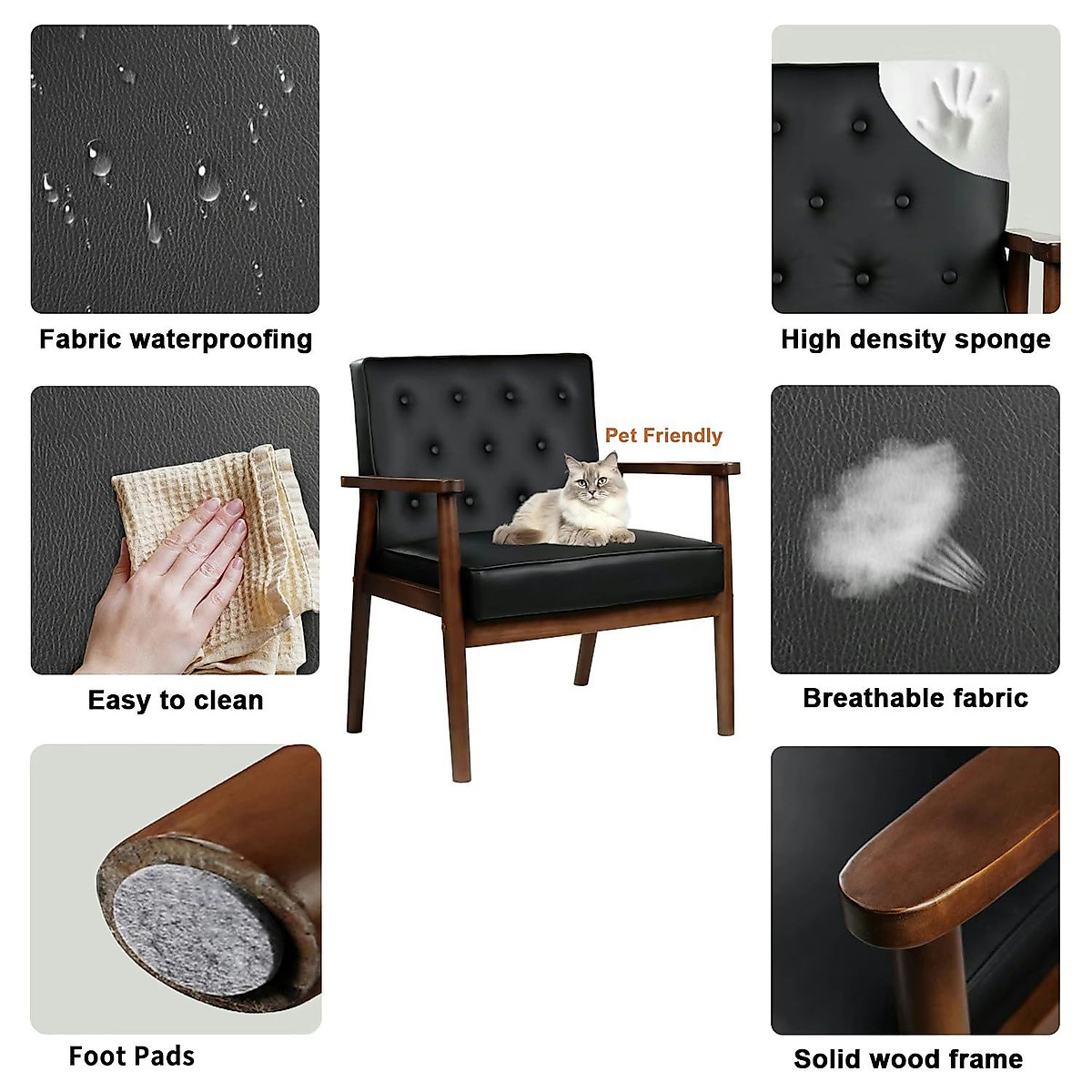 JIASTING Mid-Century Retro Modern Solid Wood Armrest Accent Chair, Faux Leather Tufted Back Upholstered Lounge Chairs, Living Room Furniture (Black 8325)